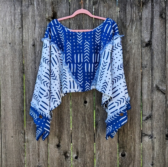 Tops | Versatile Blue And White Heavy African Mudcloth Style Pullover ...